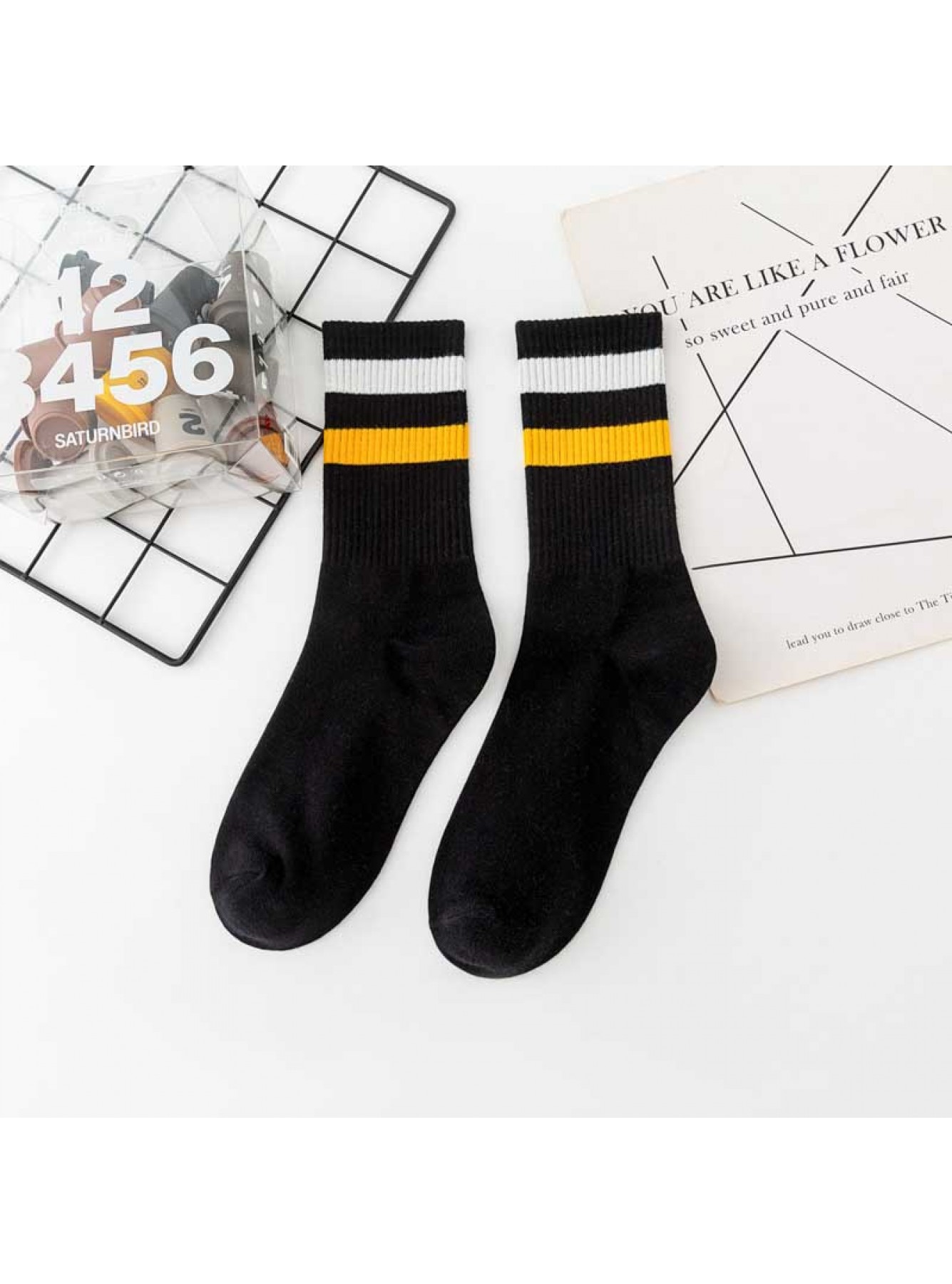 Neutral Simple Red Blue Yellow Stripe Socks